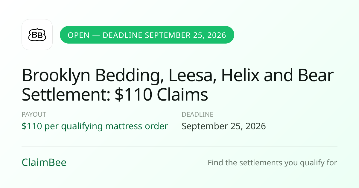Brooklyn Bedding Settlement 110 Claims Due Sept 25